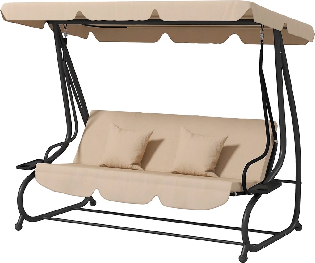 Outsunny Zahradní houpačka pro 3 osoby 2 v 1 s nastavitelnou stříškou, bočními tácy a polštáři pro balkon, terasu a patio, nosnost 340 kg, 200x120x164