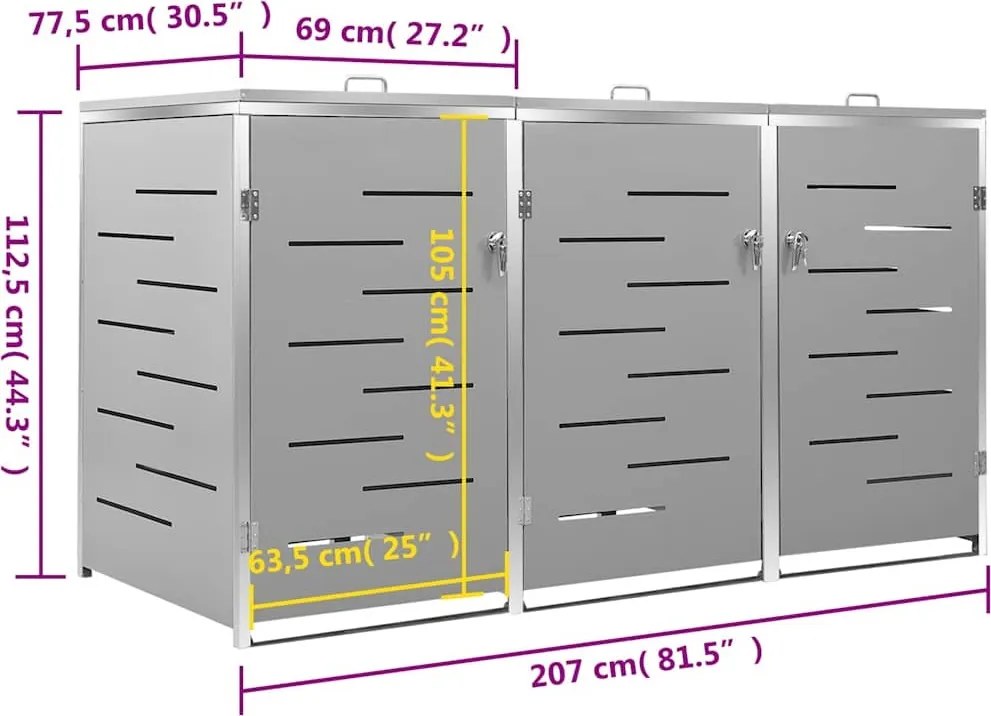 vidaXL Přístřešek na tři popelnice 207 x 77,5 x 112,5 cm nerezová ocel [149560] Barva: Šedá