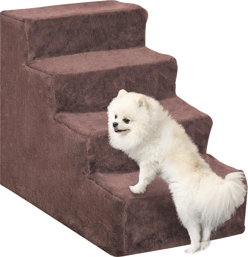 PawHut 4-stupňové schůdky pro domácí zvířata s odnímatelným a pratelným potahem pro postel a pohovku 60x35x44 cm Hnědá | Aosom