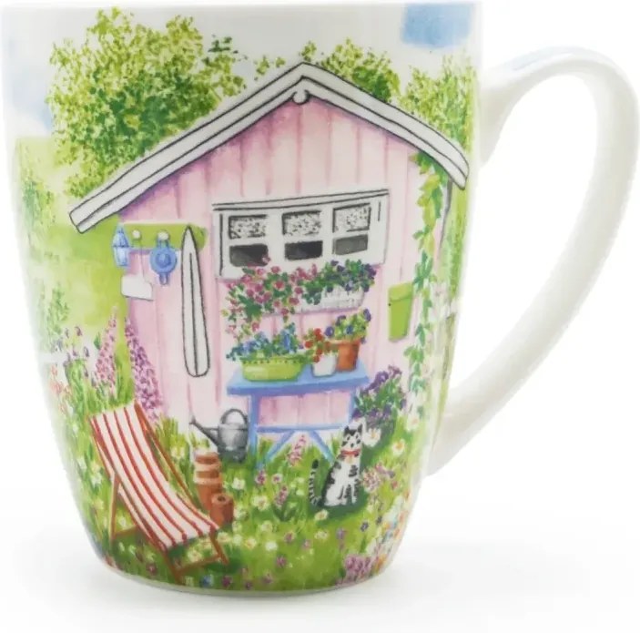 Porcelánový hrnek Pohoda na zahradě, 350 ml – hrnek pro zahrádkářku s kočkou a květinami