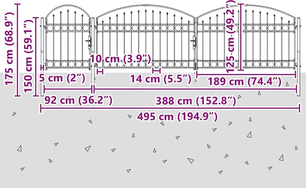 Zahradní plotová branka s obloukem ocelová 1,75 x 5 m černá 144371