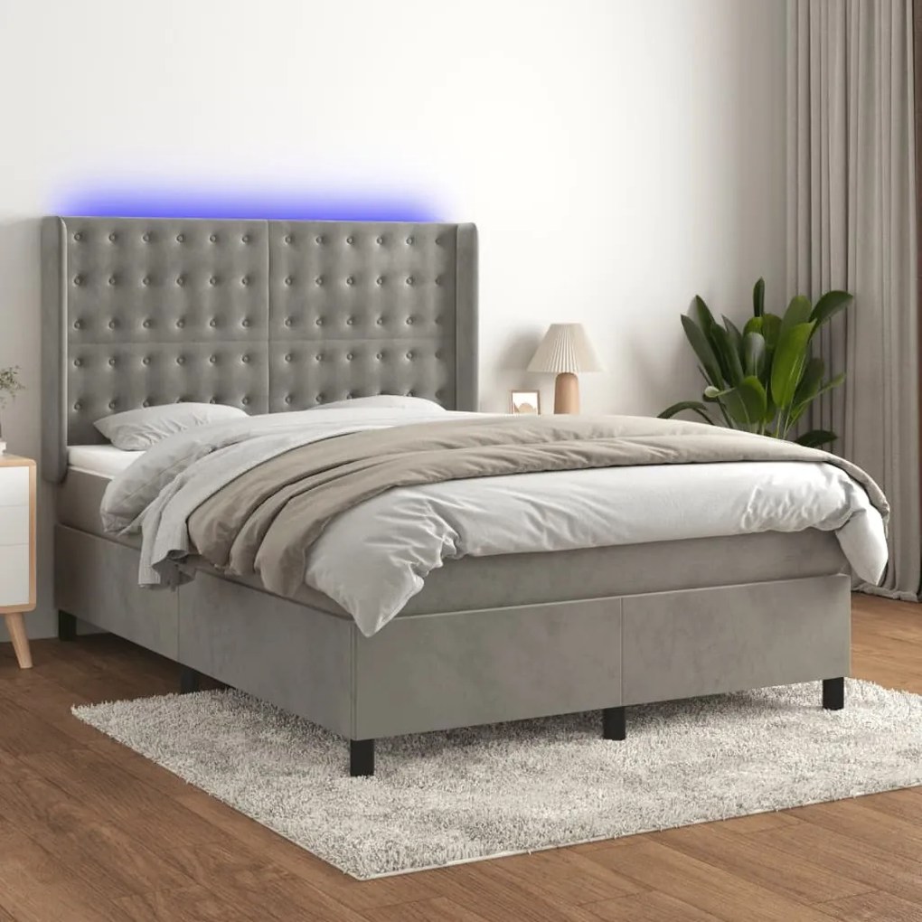 Box spring postel s matrací a LED světle šedá 140x200 cm samet 3139805