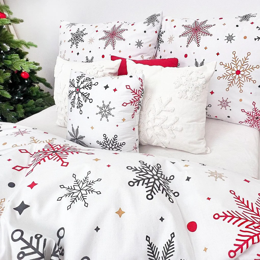Bavlněné povlečení Sněhové vločky Červené Zapínání: knoflík, Velikost polštáře: 70x90, Velikost přikrývky: 140x240