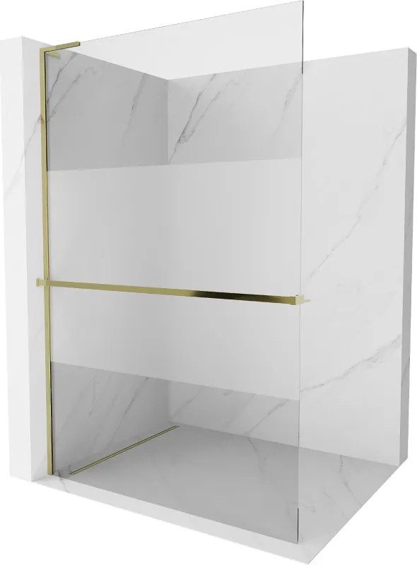Mexen Kioto+ L, sprchová zástěna Walk-In s poličkou a věšákem 120 x 200 cm, 8mm čiré sklo-námraza, zlatý lesklý profil, 800-120-123-50-35