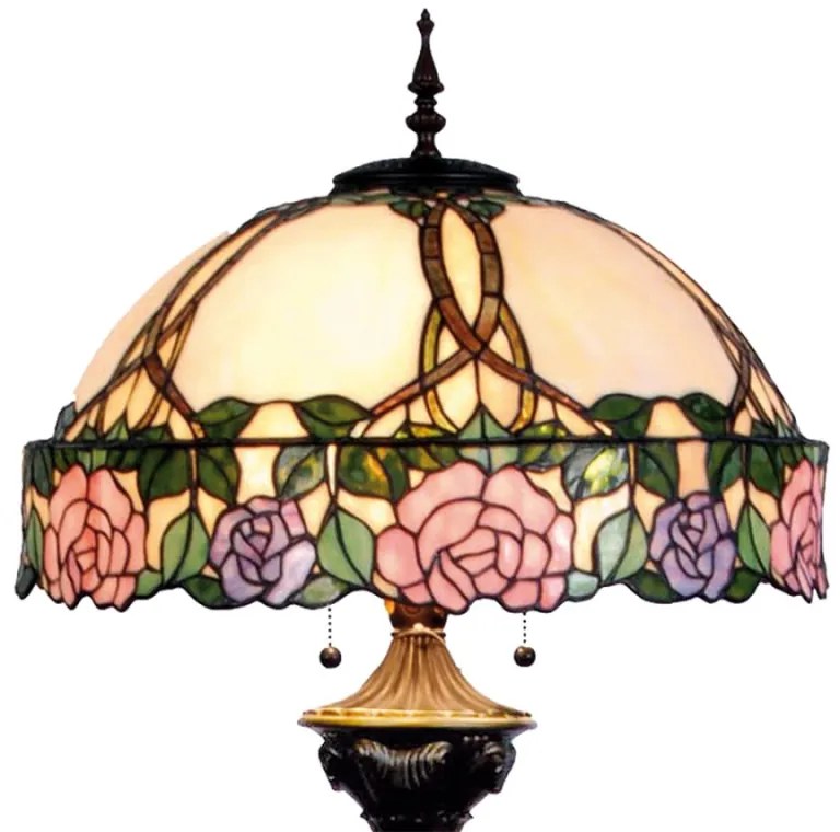 Stojací lampa Tiffany Prunellie růžovo zelená s motivem růží – 164 cm