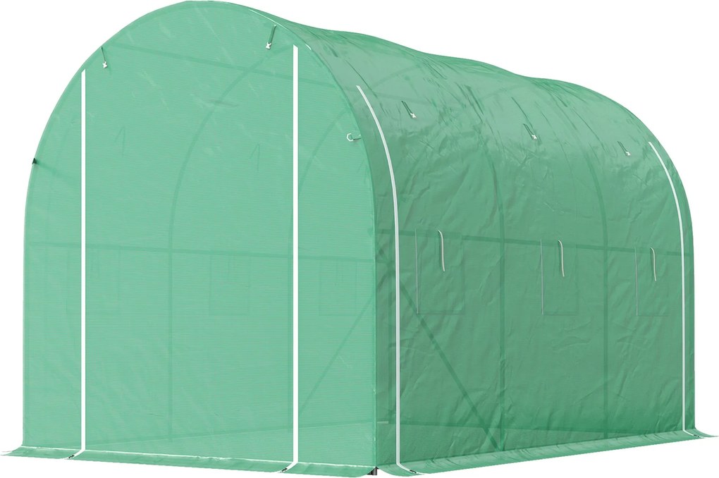 Zahradní skleník Outsunny 6m² 3 x 2m s 1 dveřmi + 2 rolovacími zipovými postranními panely, 6 okny, pozinkovaná ocel, vysoká hustota 140 g/m² Anti-UV…