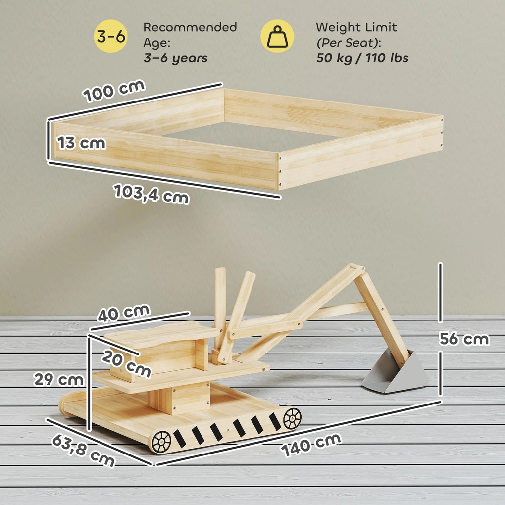 Pískoviště AIYAPLAY pro děti ze dřeva s bagrem, dětské pískoviště s 360° otočným sedadlem a výstelkou 184x90x56 cm přírodní