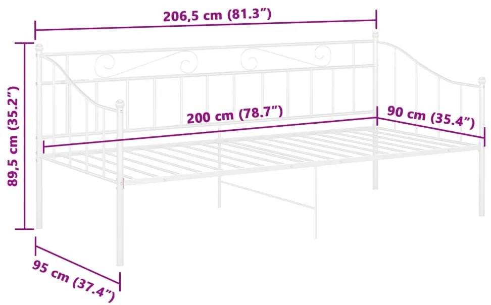 vidaXL Marketos Rám postele/pohovky bílý kovový 90 x 200 cm