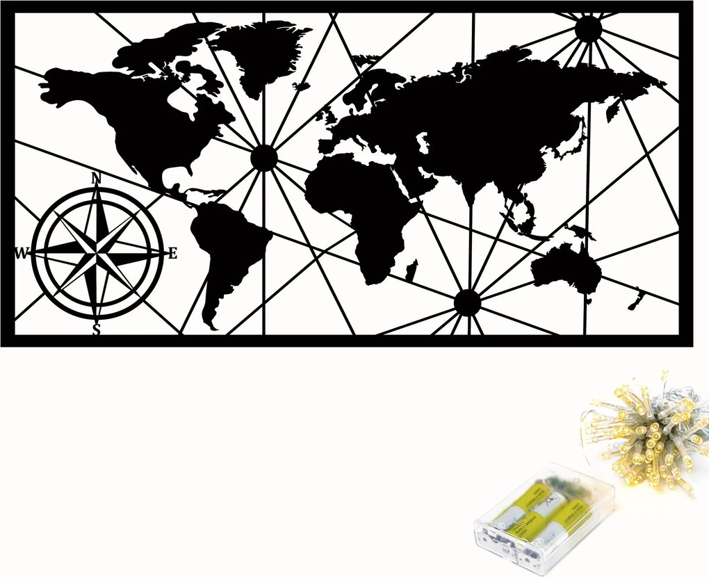 Nástěnná kovová dekorace World Map Led 452 černá