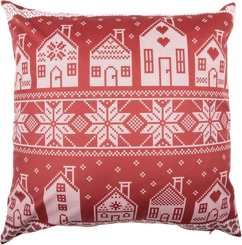 Červený povlak na polštář s domky a vločkami - 45*45 cm