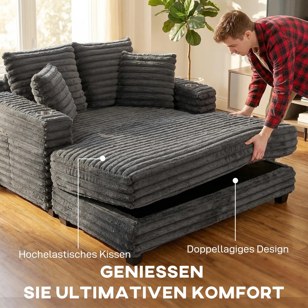 HOMCOM rozkládací pohovka pro 2 osoby s chaise, šedý kordurový potah, polštářky, područky s držáky na nápoje – 134 × 151 × 89 cm