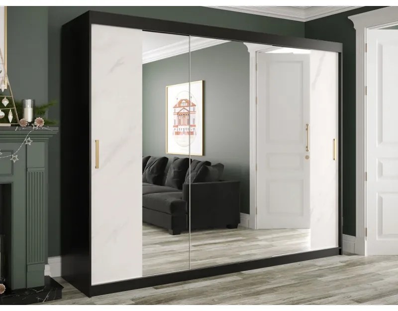 Zrcadlová šatní skříň Nonnus 250 T2, Úložný prostor: ano, Barva: bílá matná / černá mramor