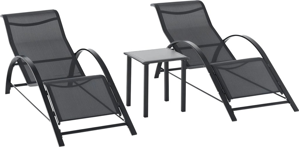 Outsunny Sada Zahradních Lehátků Metal Mesh 3-dílná Sada Lehátka se Servírovacím Stolkem Zahradní Nábytek se 2 Lehátky a 1 Bočním Stolkem Skupina Seda