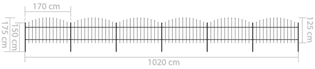vidaXL Marketos Zahradní plot s kopím nahoře ocelový 1070 x 125 cm černý