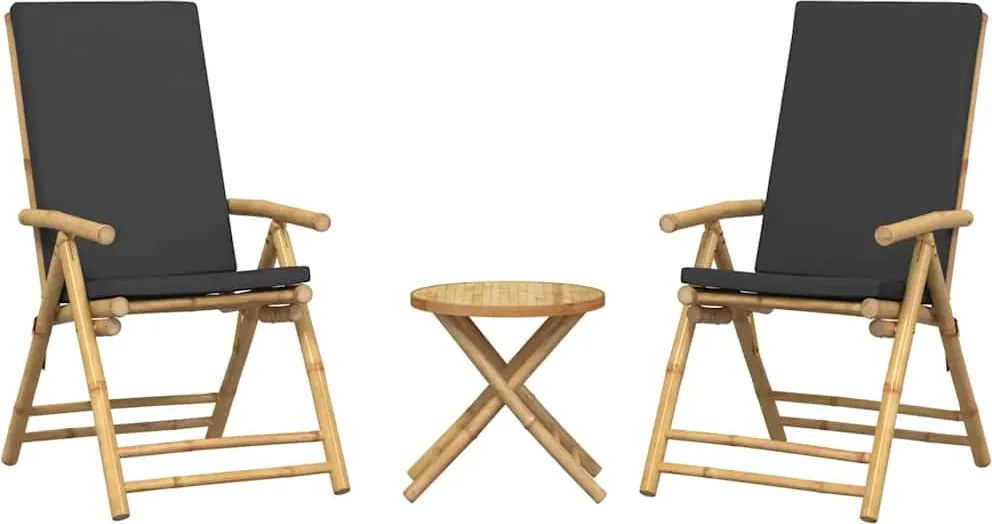 3dílný skládací bistro set s tmavě šedými poduškami bambus 3208938
