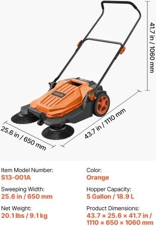 Ruční zametací stroj s ručním tlačením, Se záběrem 650 mm VEVOR