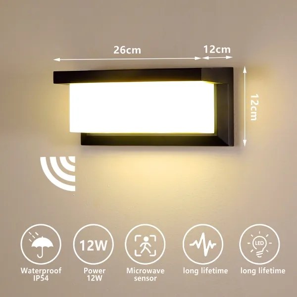 Brilagi-LED Venkovní nástěnné svítidlo se senzorem BRICKY LED/12W/230V čern IP54