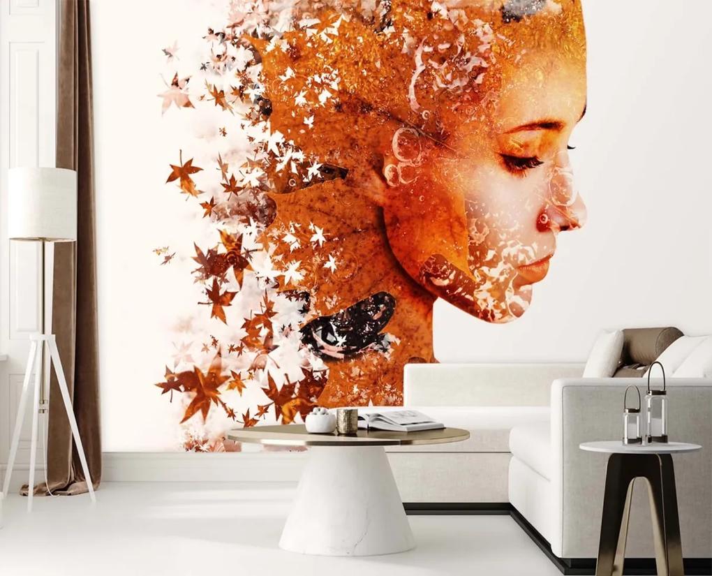 Fototapeta, Moderní žena Tvář Podzimní listí - 250x175 cm