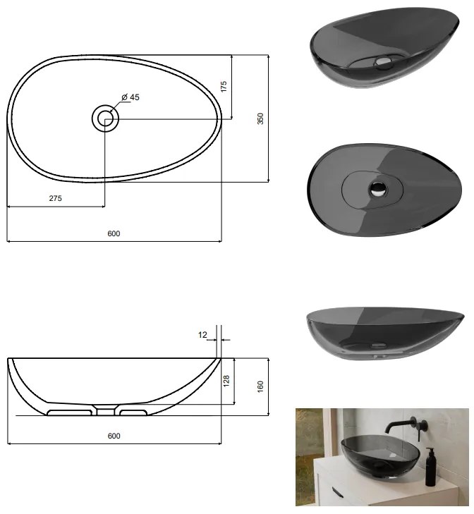 Besco Neya pryskyřicové umyvadlo na desku, Carbon Grey