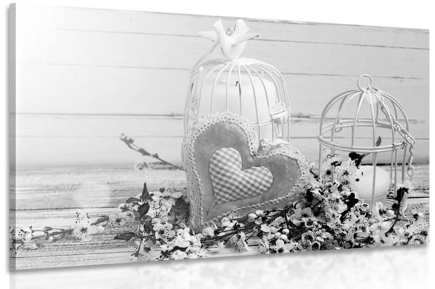 Obraz vintage srdíčko a lucerničky v černobílém provedení - 90x60