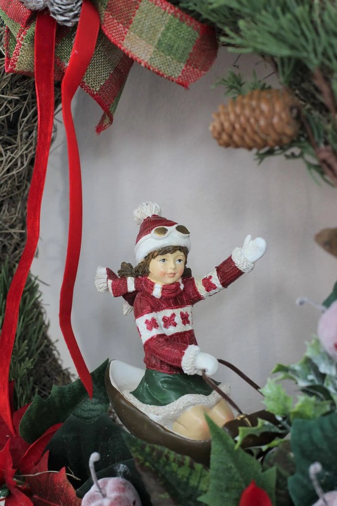 Červený vánoční věnec na dveře s figurkou 42 cm