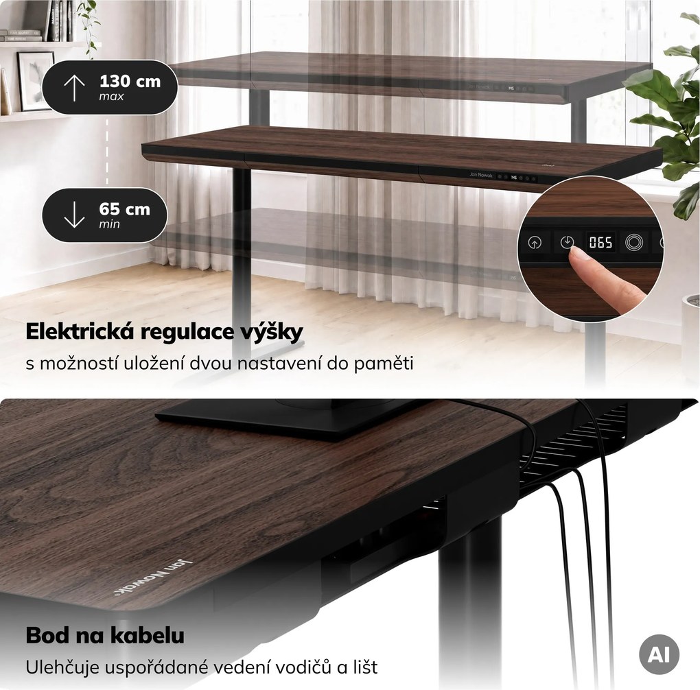 Elektrický psací stůl sit-stand se zásuvkou a bezdrátovou nabíječkou Qi černý/ořech, 1600 mm: ELLIS