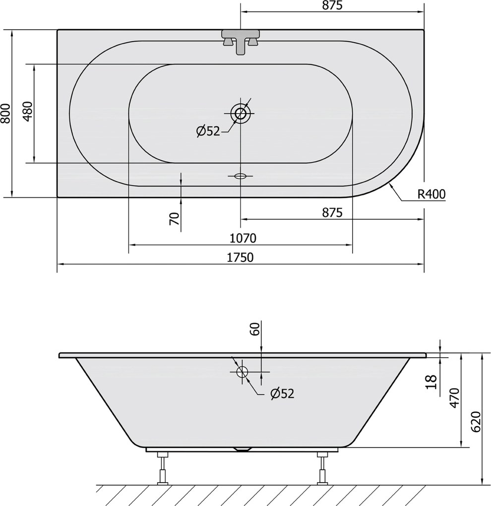 Polysan VIVA L SLIM 175 x 80 x 47 cm 70119S asymetrická vana levá bílá