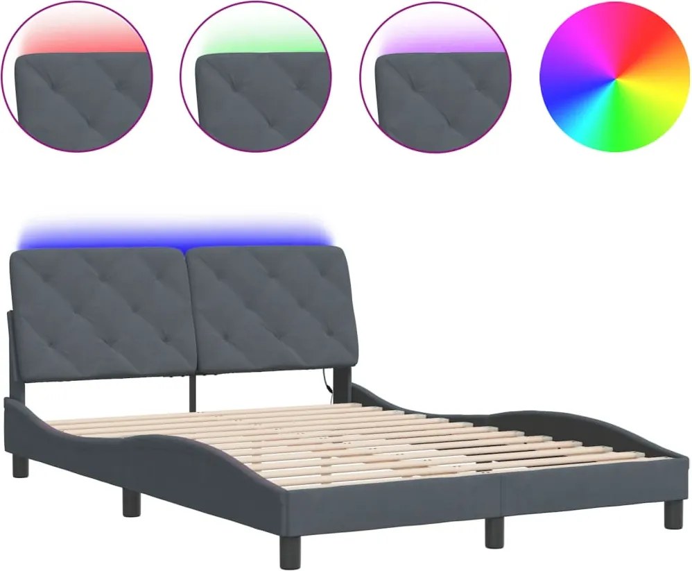 Rám postele s LED bez matrace tmavě šedý 140 x 200 cm samet 3213856