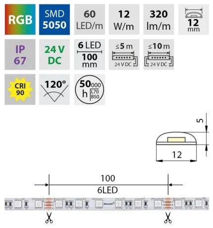LED pásek McLED 24V RGB š=12mm IP67 12W/m 60LED/m SMD5050 ML-128.001.90.2