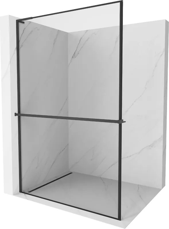 Mexen Kioto+ L, sprchová zástěna Walk-In s poličkou a věšákem 120 x 200 cm, 8mm čiré sklo černý vzor, ​​černý profil, 800-120-123-70-70