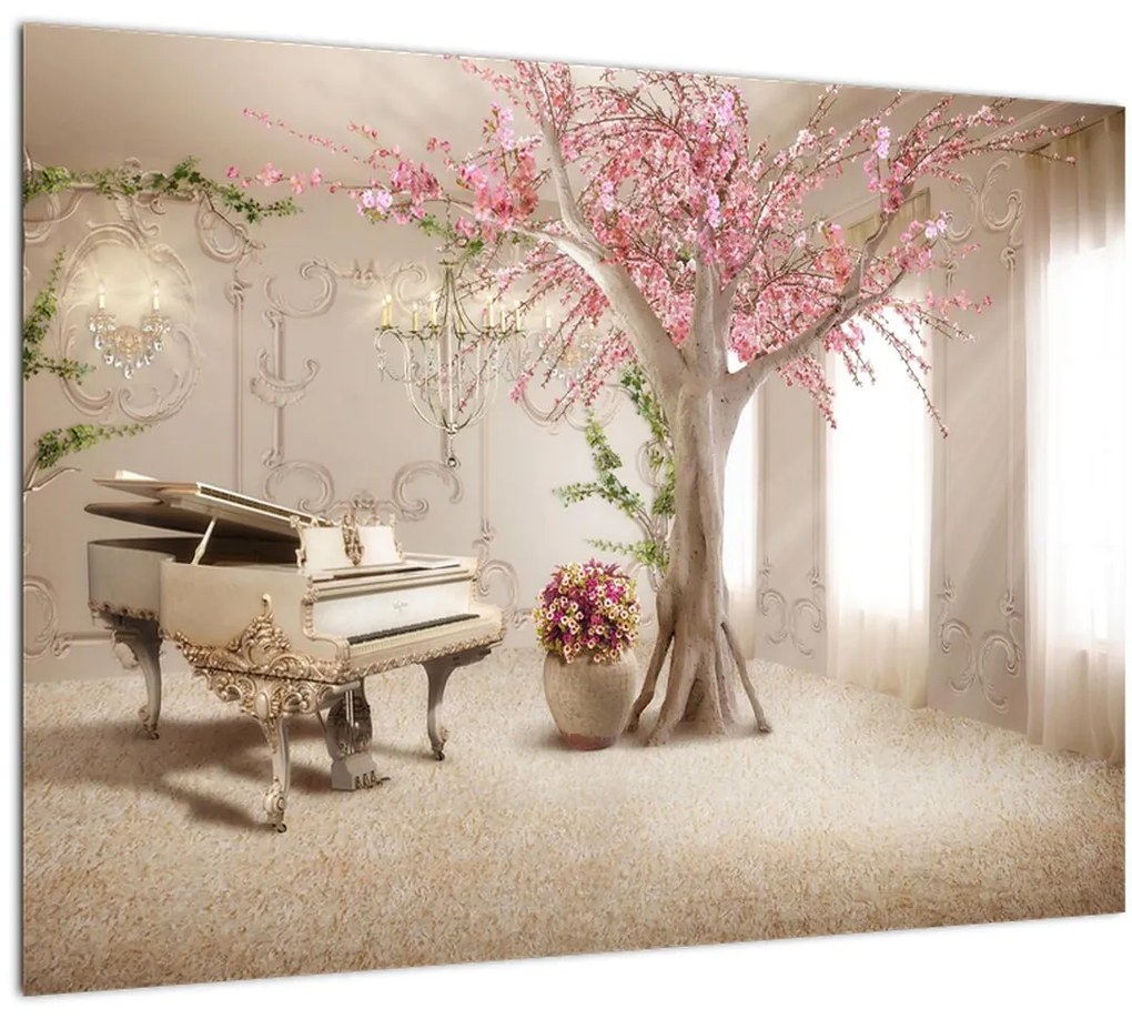 Skleněný obraz - Snový interiér s klavírem (70x50 cm)