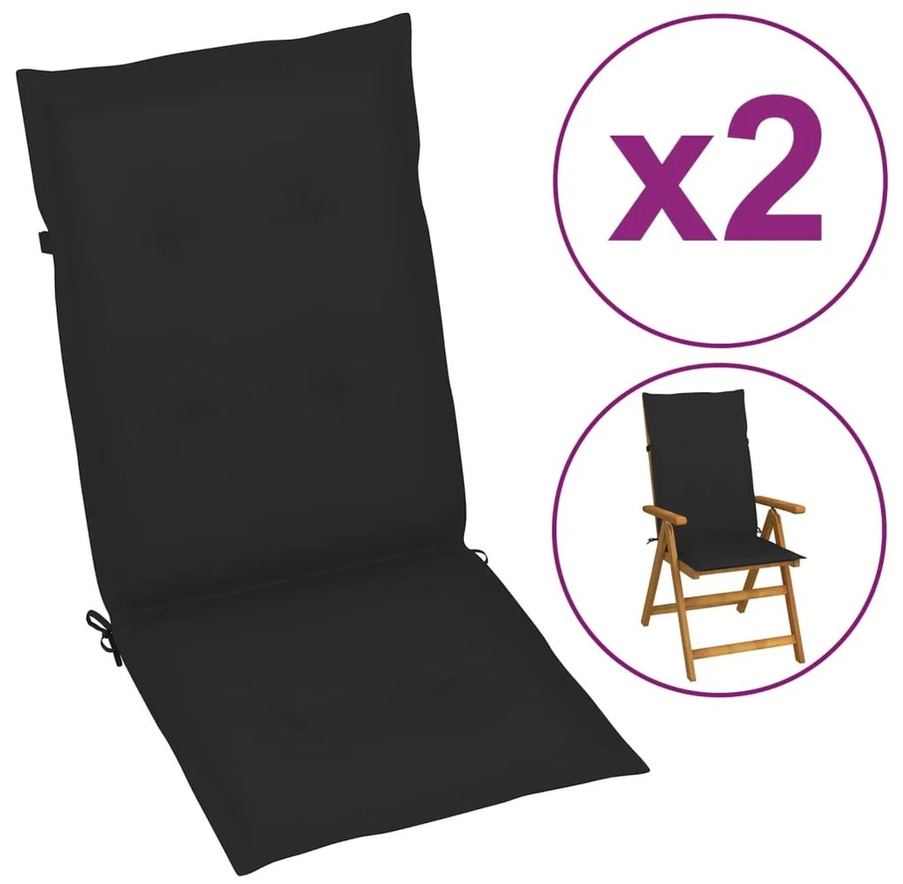 47538 vidaXL Podušky na zahradní židle 2 ks černé 120 x 50 x 3 cm