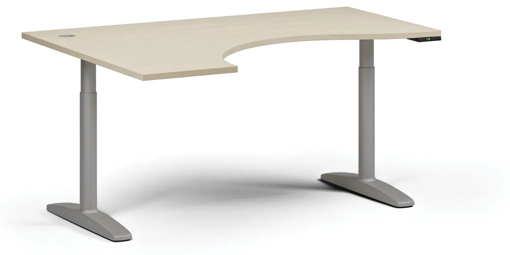 Výškově nastavitelný stůl OBOL, elektrický, 675-1325 mm, ergonomický levý, deska 1600x1200 mm, šedá zaoblená podnož, třešeň