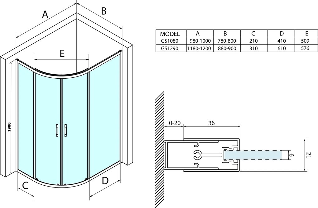 Gelco Gelco, SIGMA SIMPLY čtvrtkruhová sprchová zástěna 1000x800mm, R550, čiré sklo, GS1080