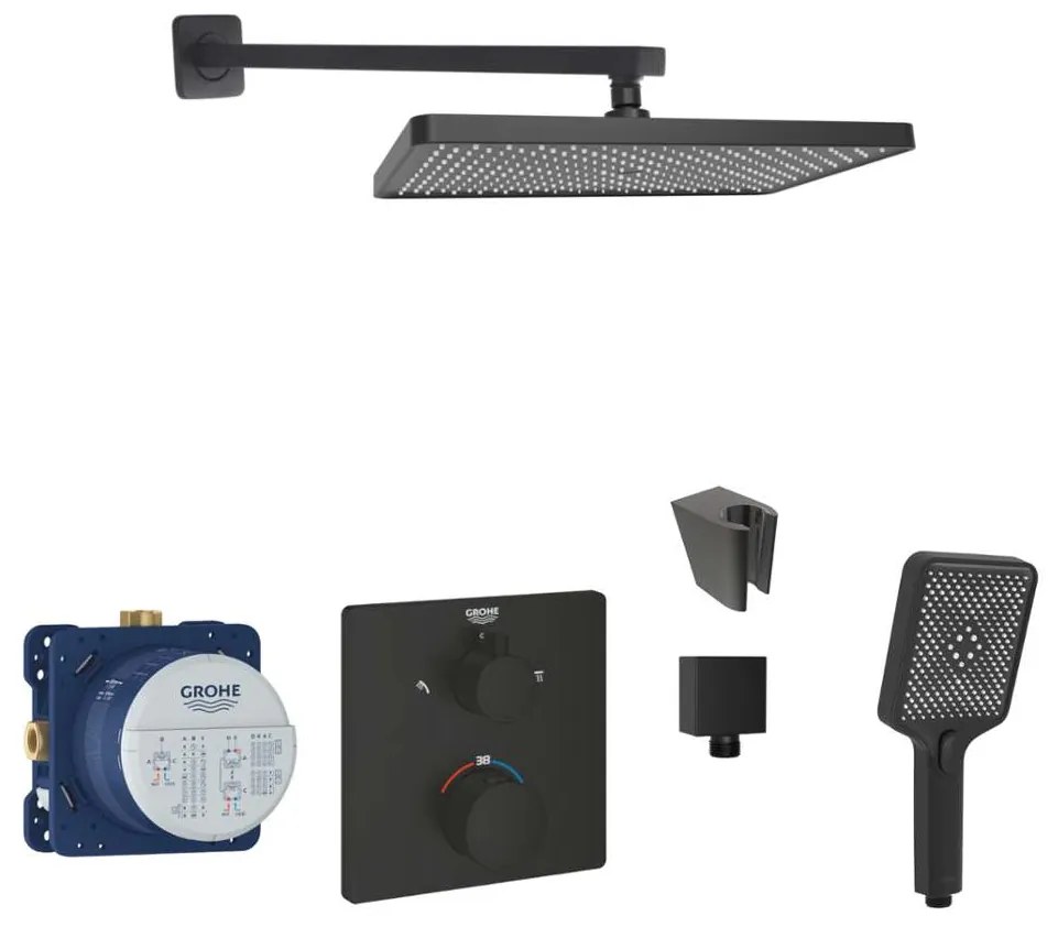 SANITINO - Sprchový set s termostatem a tělesem pod omítku Grohe, příslušenství kielle, matná černá SANI21GKK405