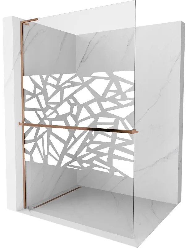 Mexen Kioto+ L, sprchová zástěna Walk-In s poličkou a věšákem 100 x 200 cm, 8mm čiré sklo bílý vzor, růžové zlato profil, 800-100-123-60-85