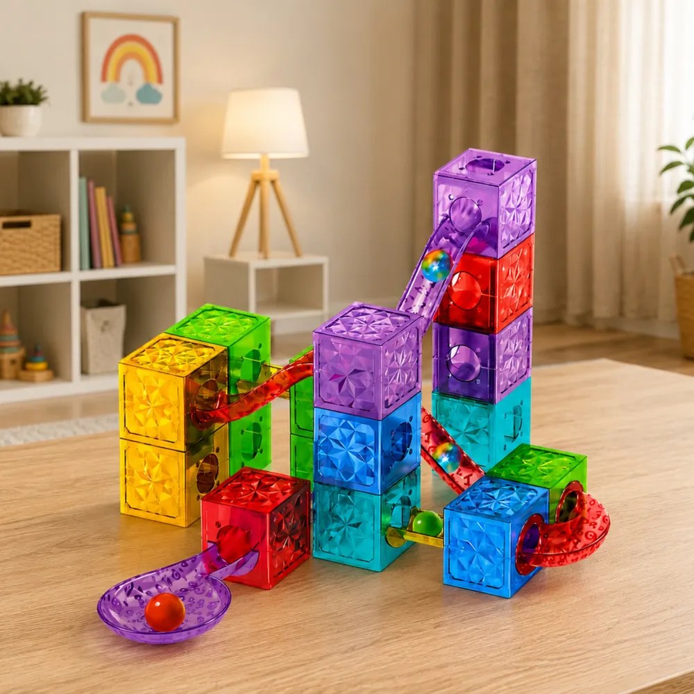 LEAN Toys Magnetické stavební kostky – kostky, kuličková dráha, barevné, 33 ks.
