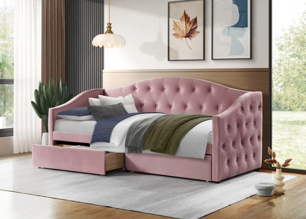 Postel s úložným prostorem, 90x200, růžová Velvet látka, ZASKA