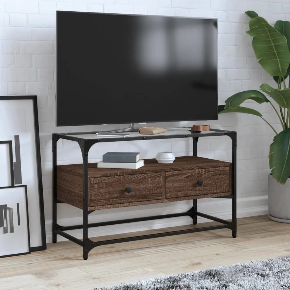 TV skříňka se skleněnou deskou kouřový dub 80x35x51 cm kompozit