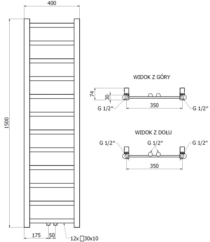 Mexen Bolt, topné těleso 1500 x 400 mm, 342 W, spodní a středové, černá, W126-1500-400-00-70