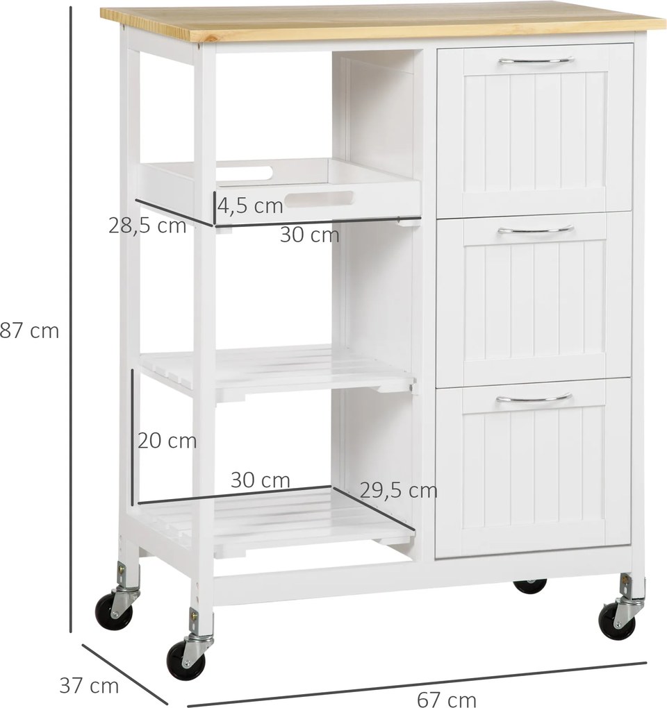 HOMCOM Kuchyňský vozík, servírovací vozík se 3 zásuvkami, 3 úrovně, pracovní deska, kuchyňský vozík, úložný vozík, bílý, 67 x 37 x 85 cm| Aosom