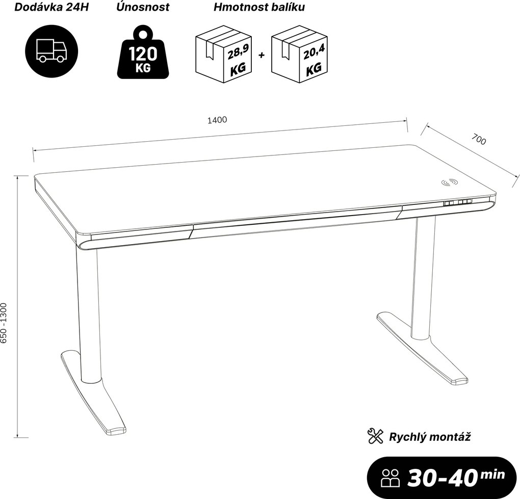 Elektrický psací stůl sit-stand se zásuvkou a bezdrátovou nabíječkou Qi černý/ořech, 1400 mm: ELLIS
