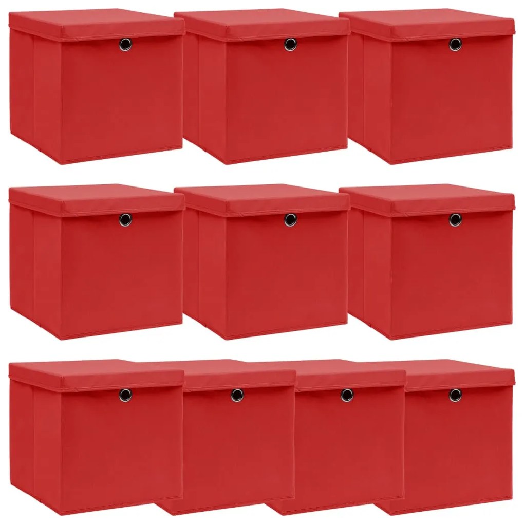 Úložné boxy s víky 10 ks červené 32 x 32 x 32 cm textil 288364