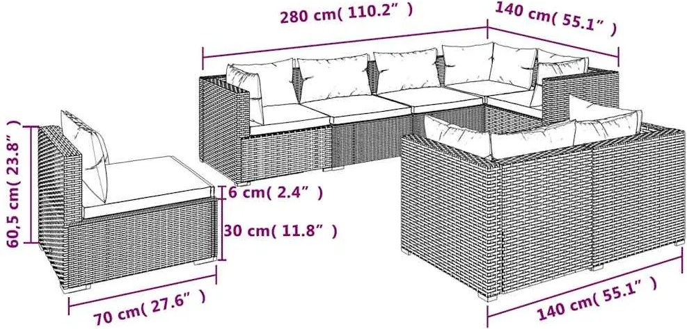 8dílná zahradní sedací souprava s poduškami polyratan hnědá 3102611