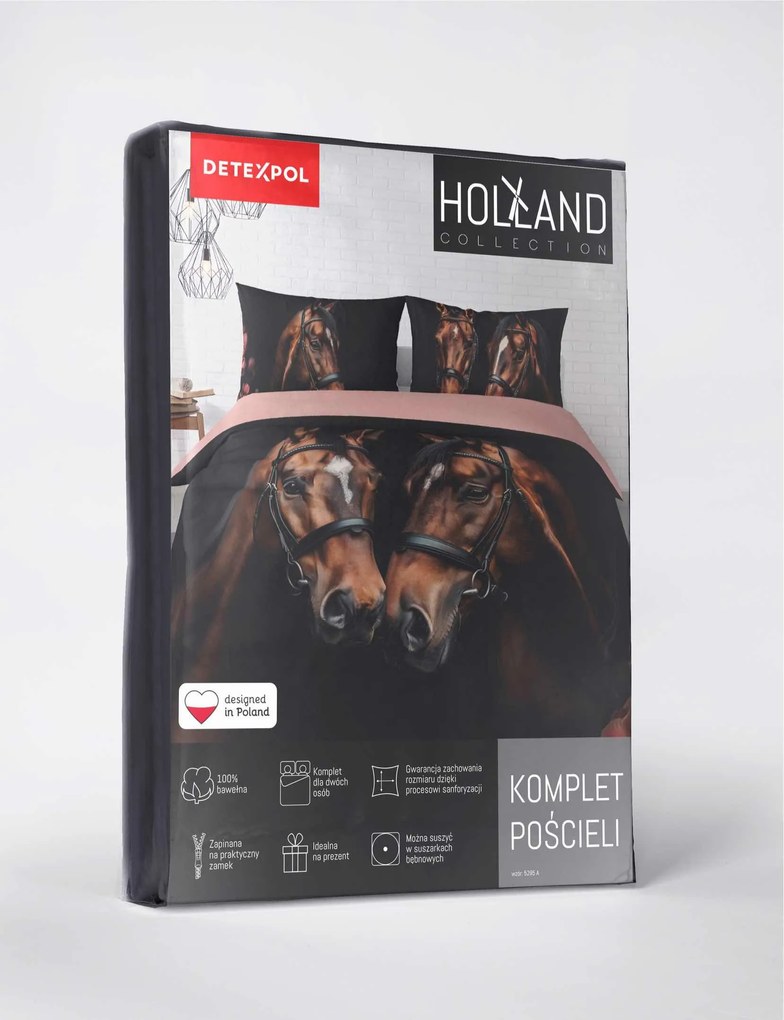 Detexpol Bavlněné povlečení 160x200 černá hnědá růžová koně květiny 5295 A Holland Natura 52