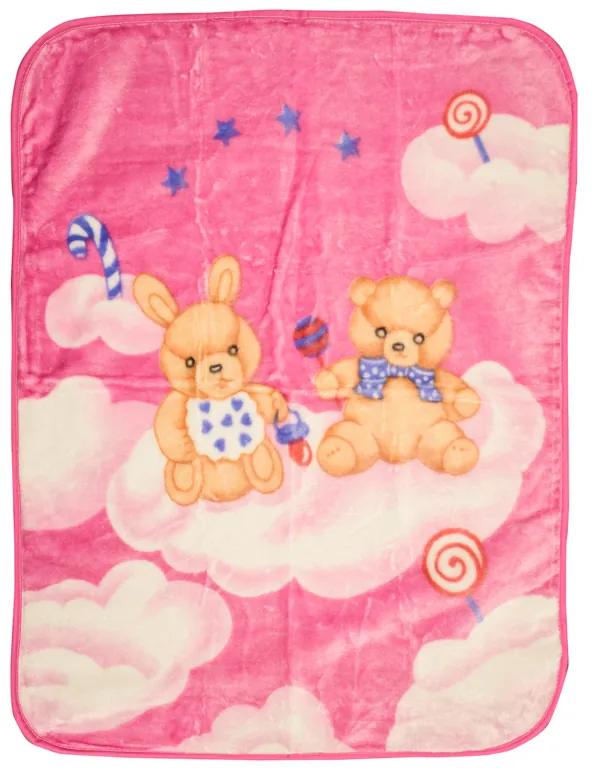 Růžová dětská deka ZAJÍČEK A MEDVÍDEK, 80x110 cm