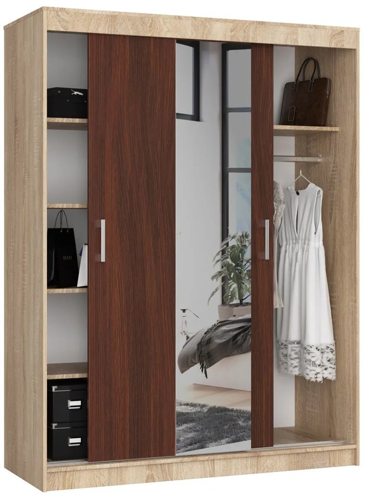 Šatní skříň se zrcadlem Reton 150 cm dub sonoma/wenge