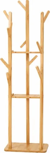 věšák, stojan na šaty, bambus, 3 tyče, 2 poličky, 160x38x38 cm, přírodní, Dekorino TK20260002