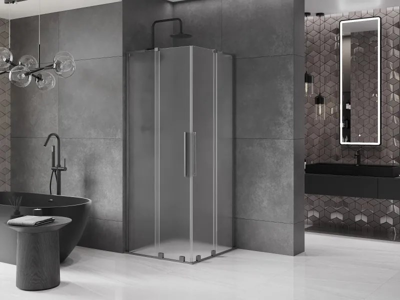 Mexen Velar L Duo, sprchový kout s posuvnými dveřmi 90 x 90 cm, 8mm sklo námraza, broušený grafit, 871-090-090-02-33-66
