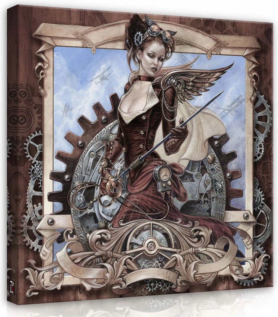 Obraz 80x80 Steampunk žena-bojovník mechanismy ozubení křídla meč